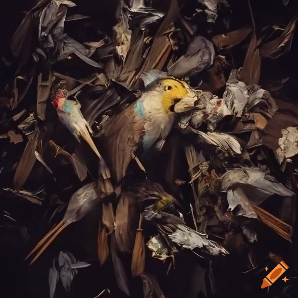 Distorted birds in a chaotic junk web in a dystopian landscape on Craiyon