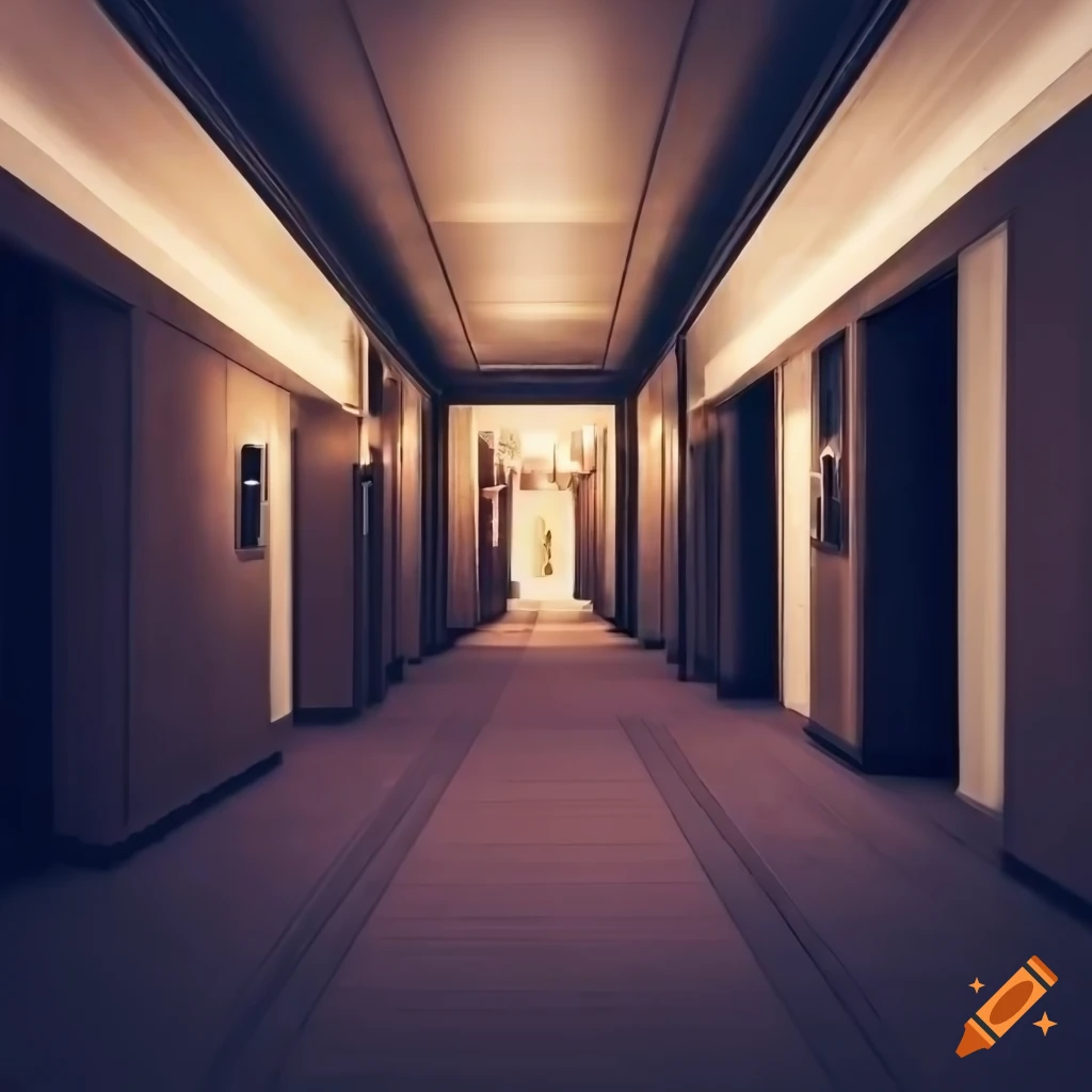 Hotel hallway with dim lighting and lined doors
