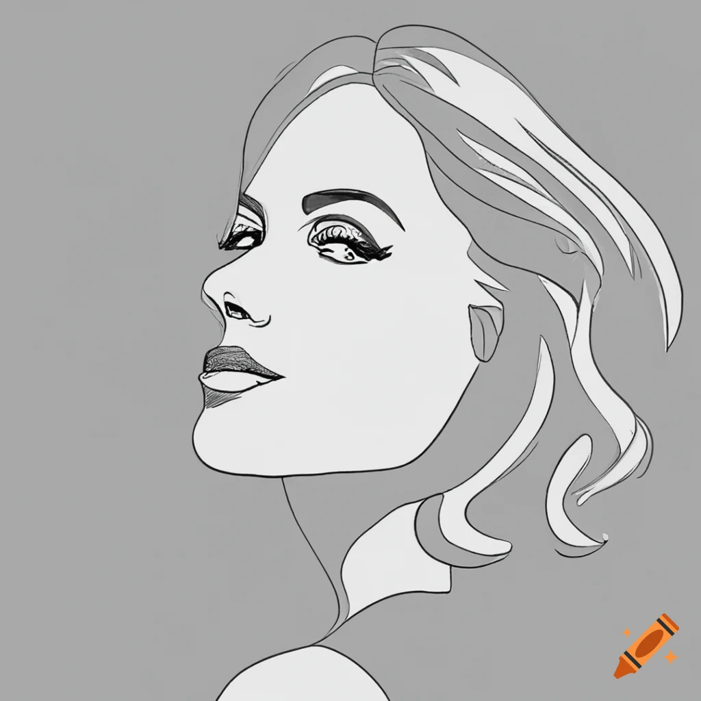 High-resolution black and white line art of a woman for inking practice on Craiyon