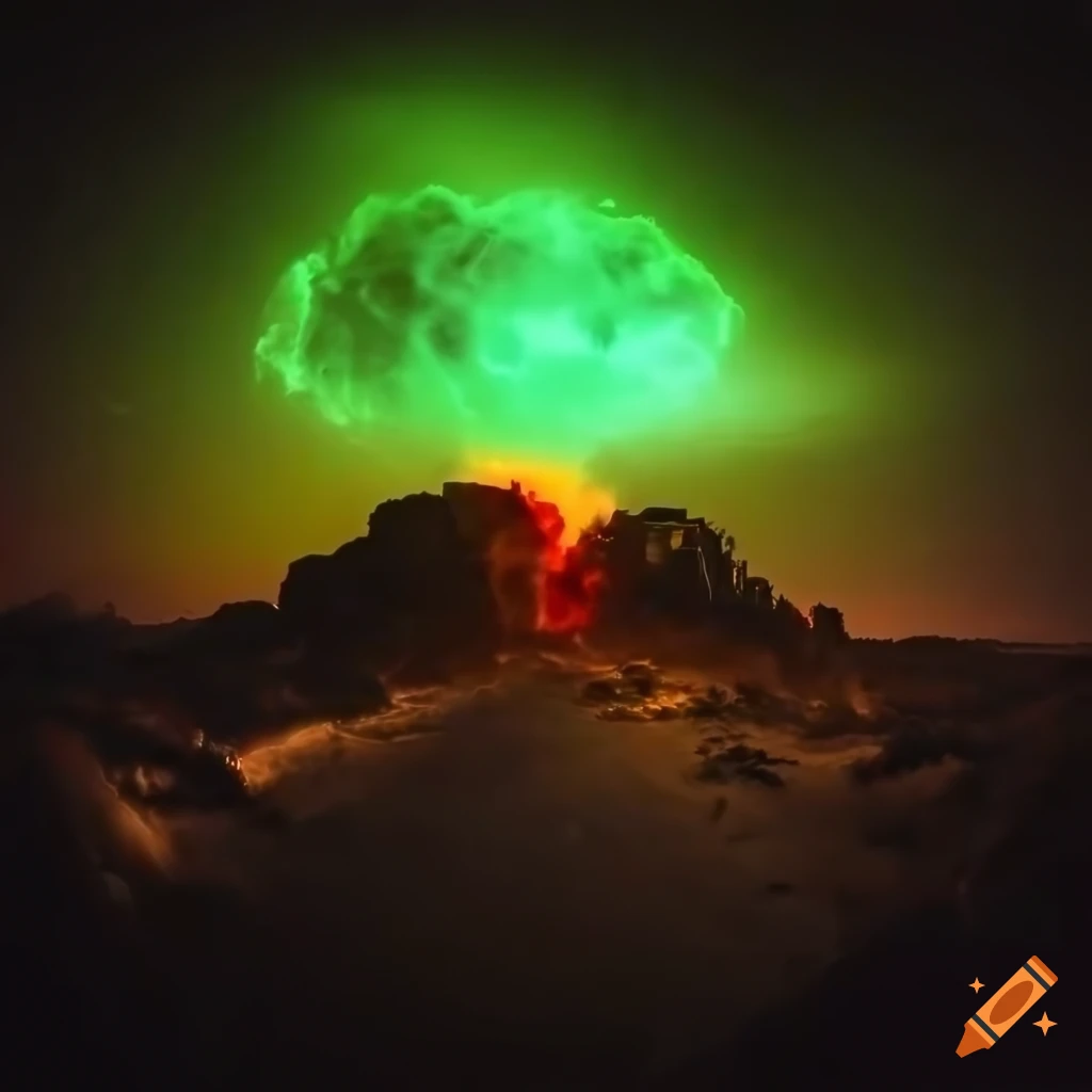 Dystopic apocalyptic wasteland with bright nuclear glow on Craiyon