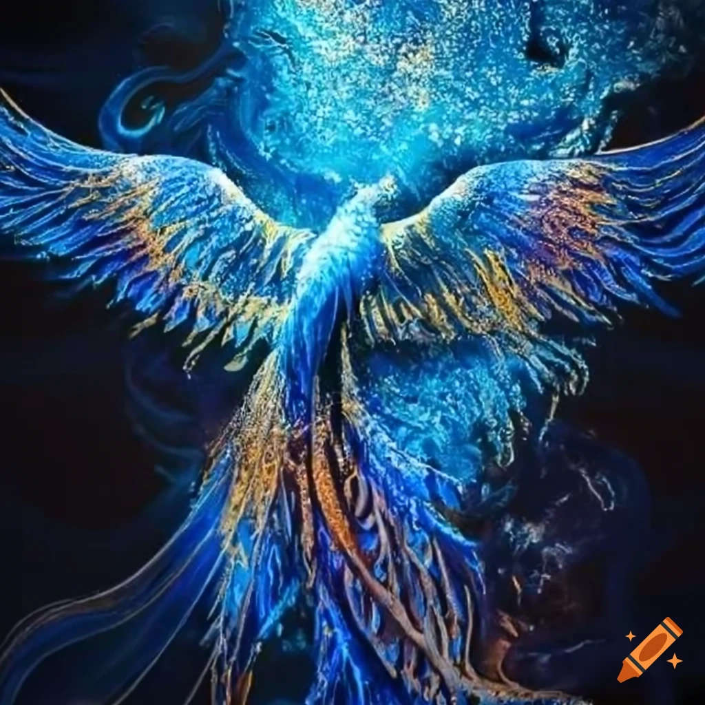 Blue and gold phoenix frozen in artistic background on Craiyon