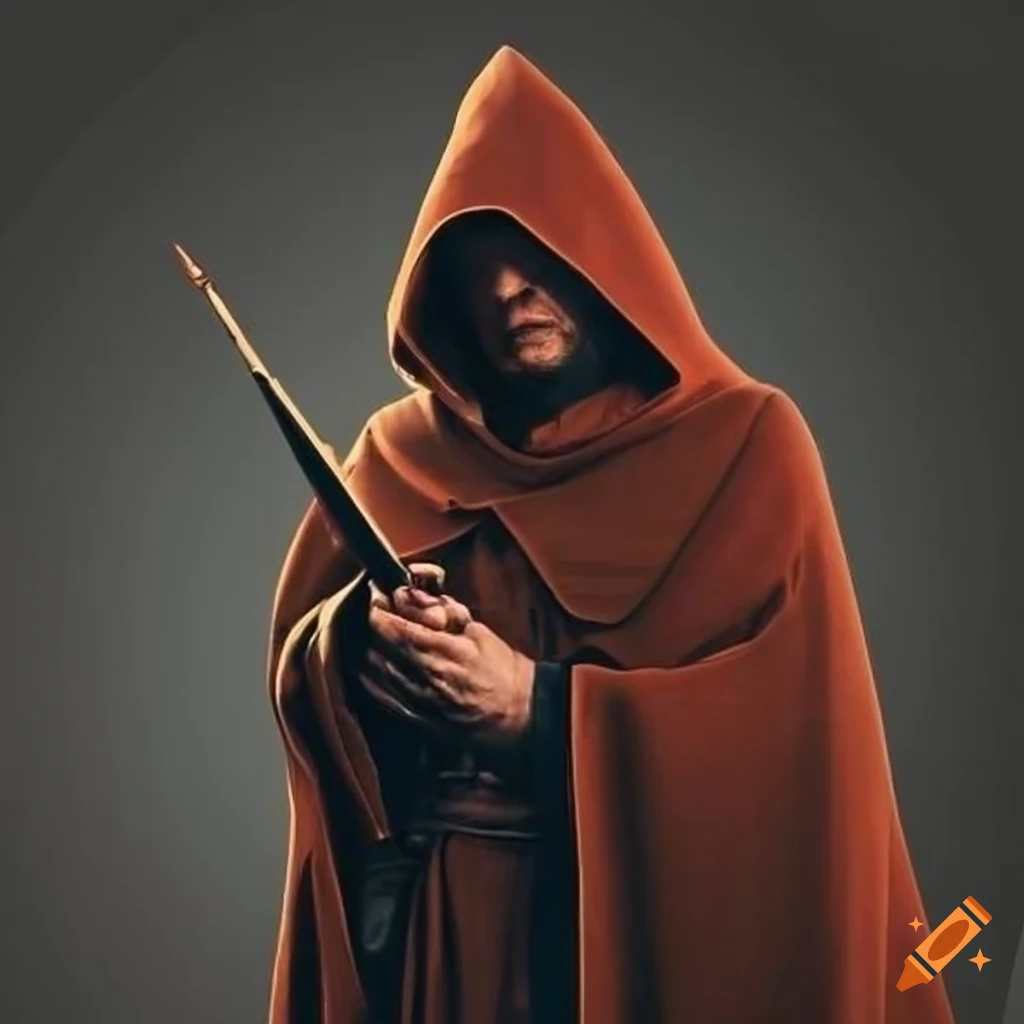 Middle aged man wearing a hood and cloak