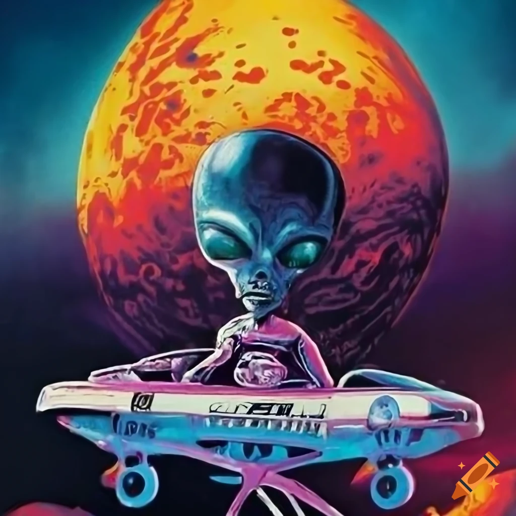 70s sci-fi car skate streetwear alien zoo art poster on Craiyon