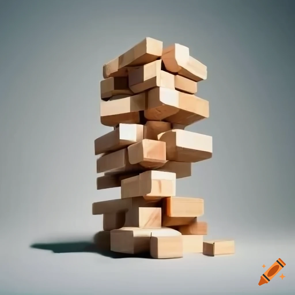 Very large unstable tower of wooden building blocks on gray background ...