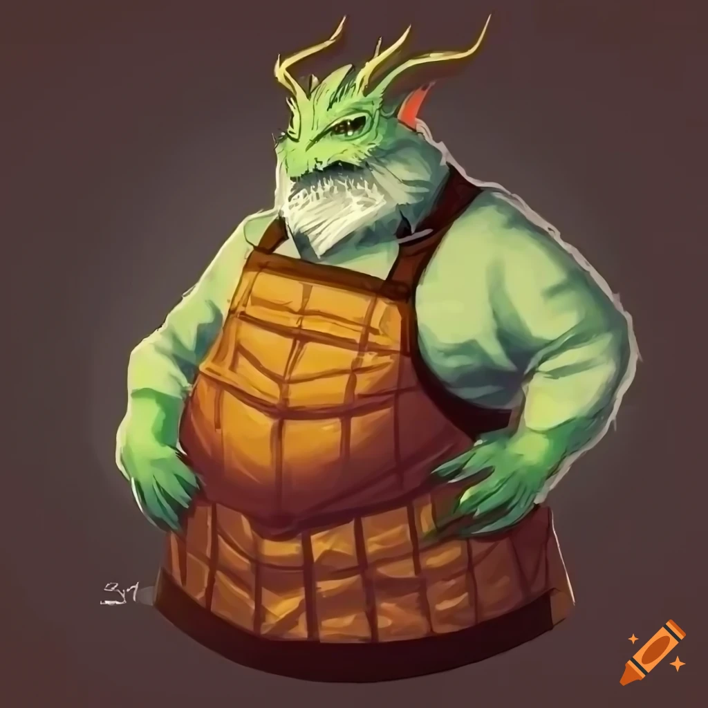 Friendly dragonborn chef serving customers in a fantasy tavern on Craiyon