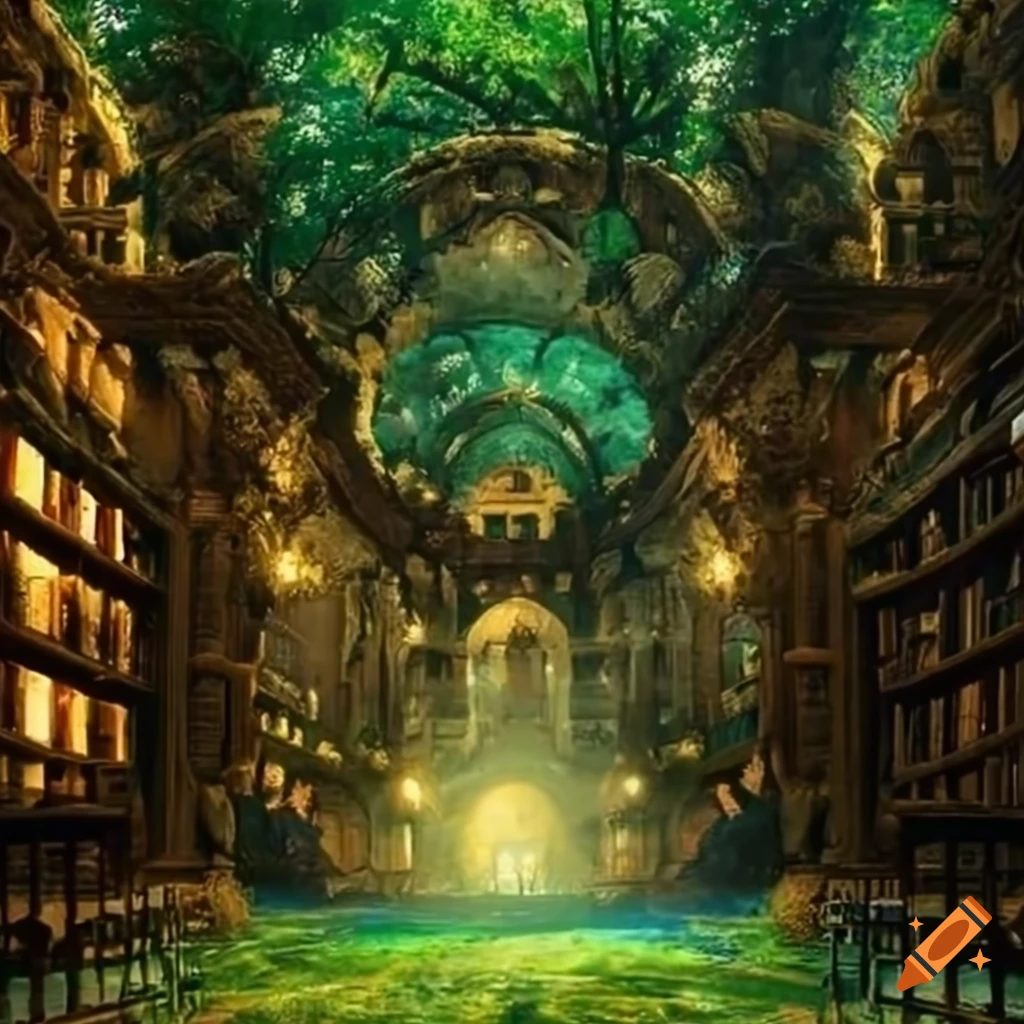 Gigantic ancient library in a bright enchanted forest surrounded by ...