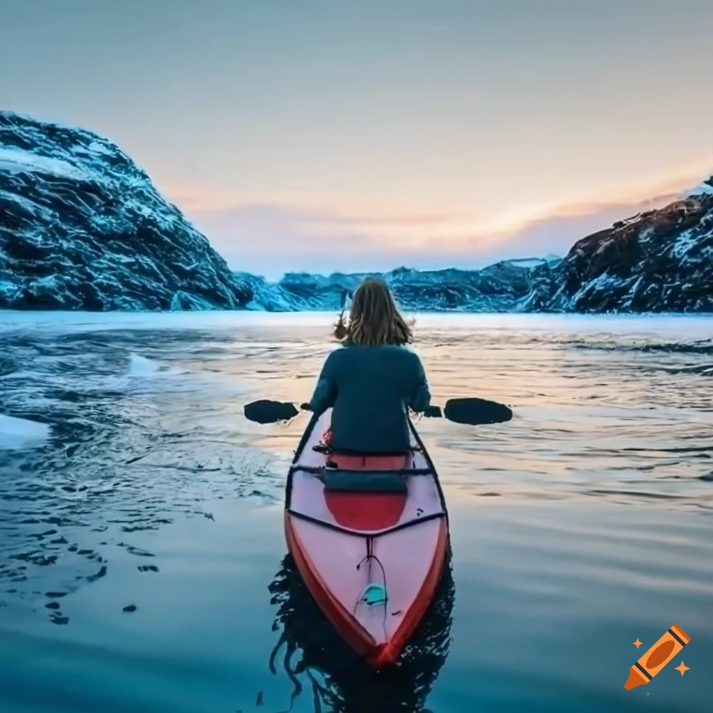 Christmas trees by the lakeside with a girl kayaking and enjoying the ...