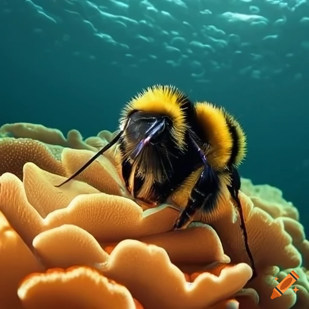 Bumble bee swimming in coral reef on Craiyon