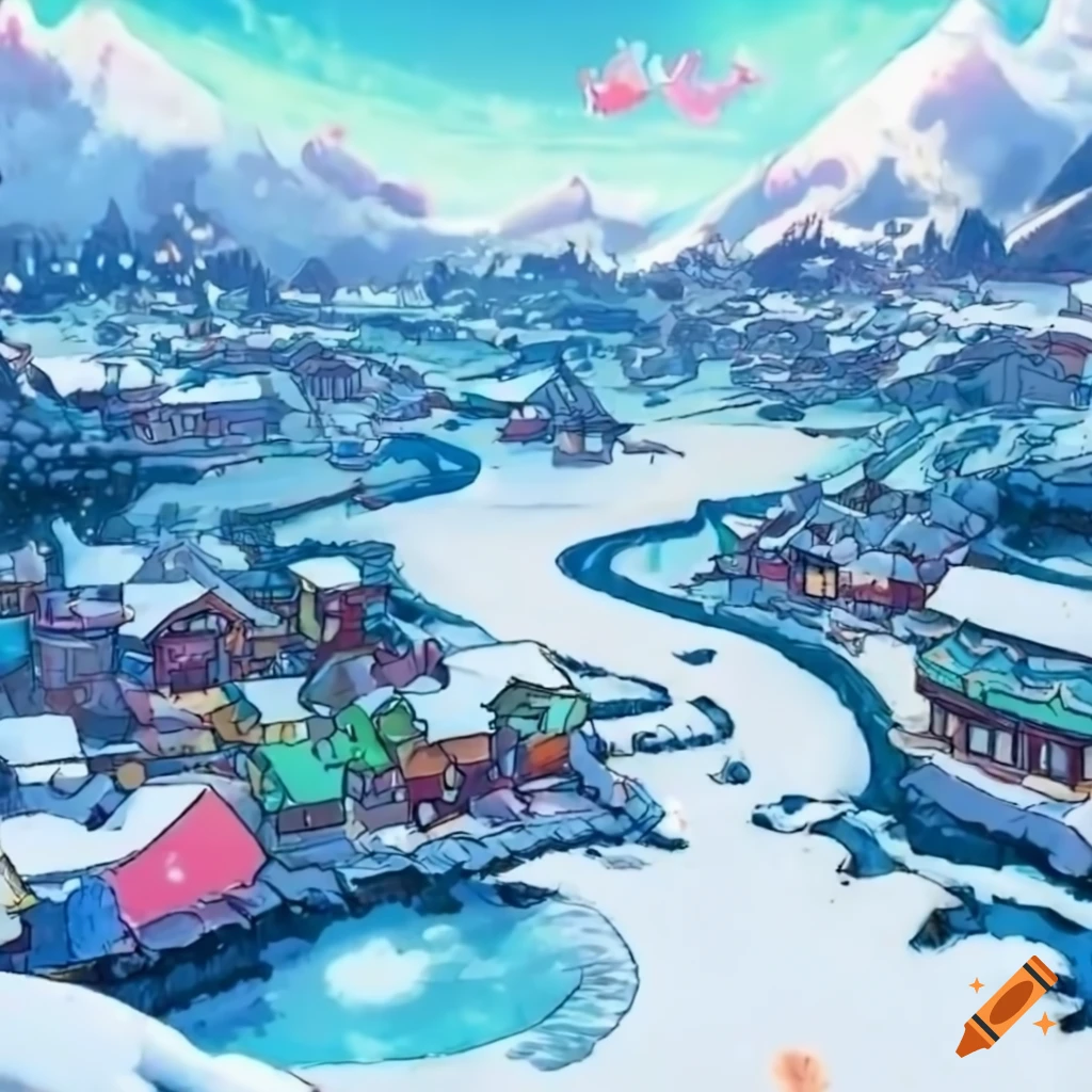 Snow-covered pokemon region from a bird's eye view