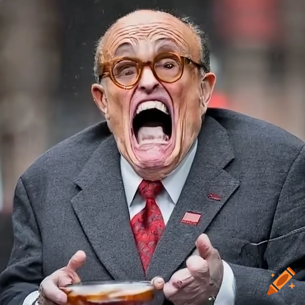Rudy Giuliani with an angry expression holding a scotch in NYC during a ...