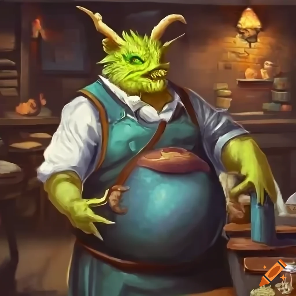 Friendly fat dragonborn chef serving customers in a fantasy tavern on ...