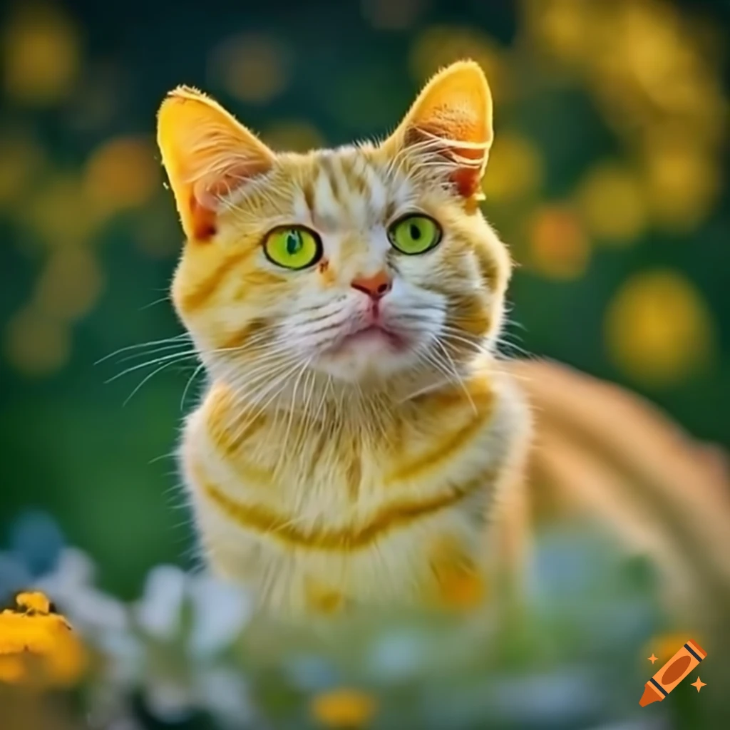 Yellow cat in a flower-filled garden on Craiyon