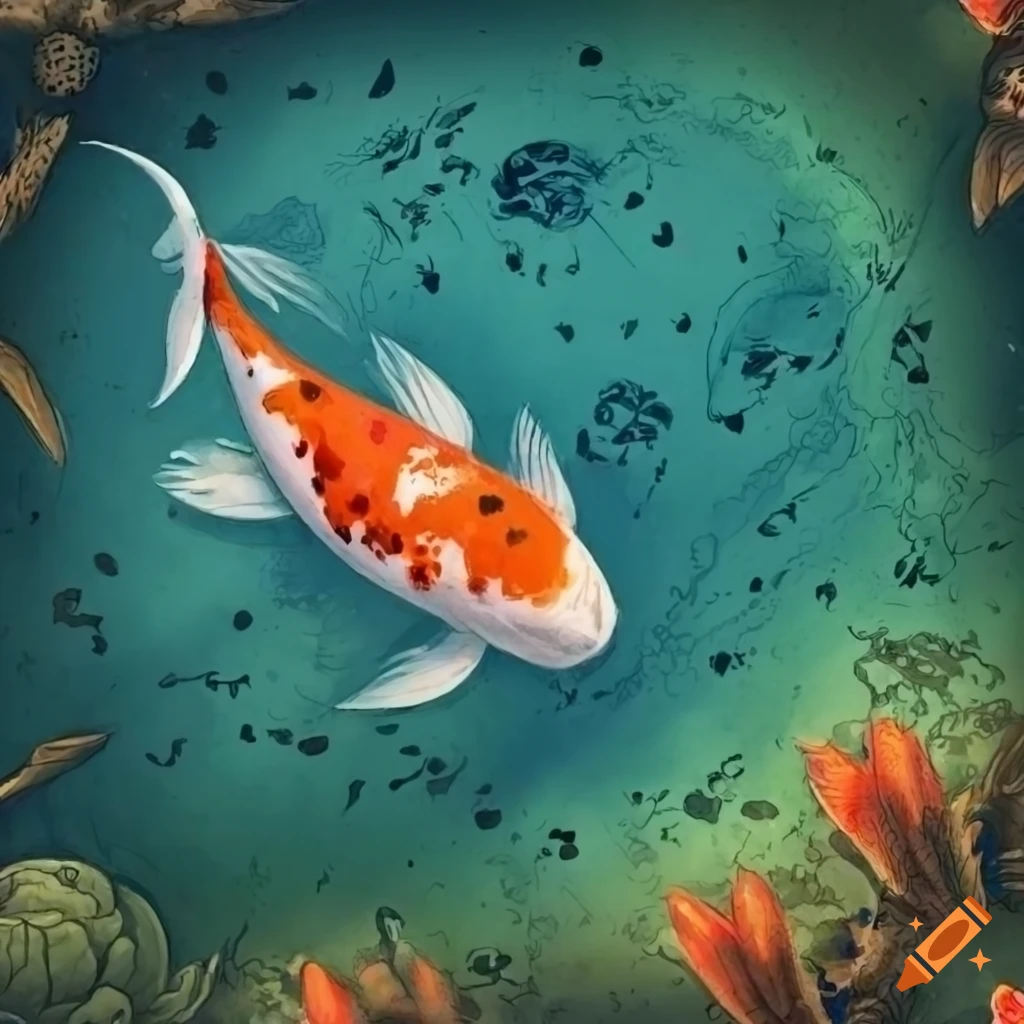 Top view drawing of a small pond with a koi fish on Craiyon