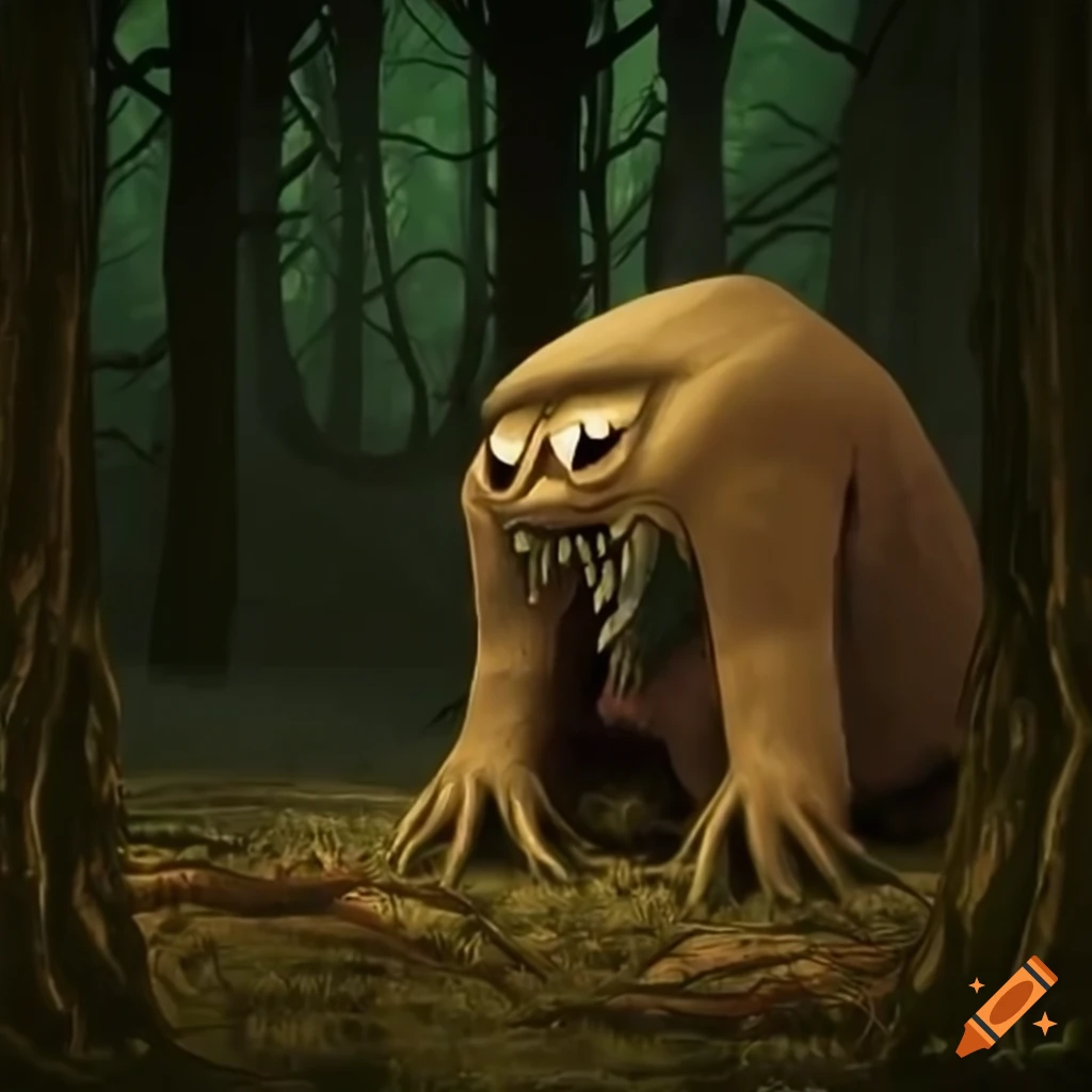 Walking trees in a forest with a short monster behind a tree on Craiyon