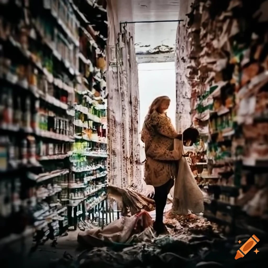 Survivors navigating through an abandoned grocery store with empty ...