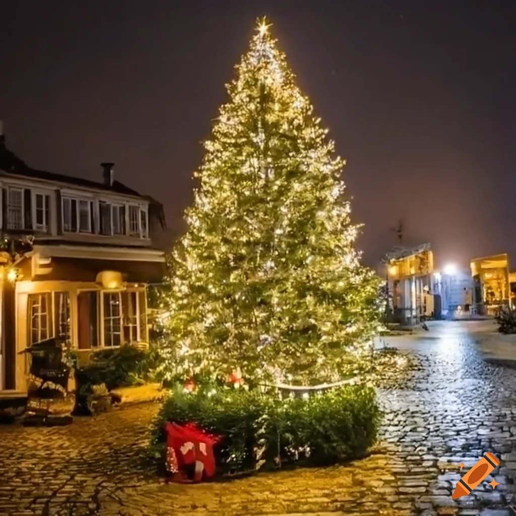 Christmas tree in an alley adorned with lights under natural lighting ...