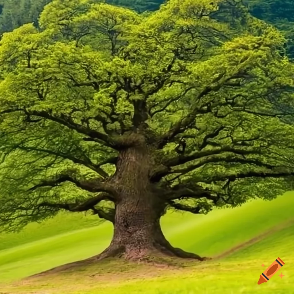 Ancient huge oak tree standing on a lonely hill