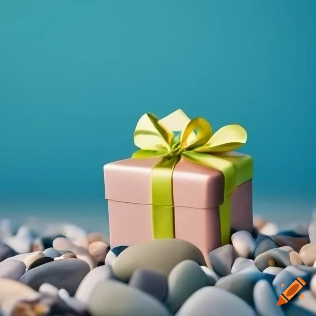 Wrapped gift on a pebble beach on Craiyon