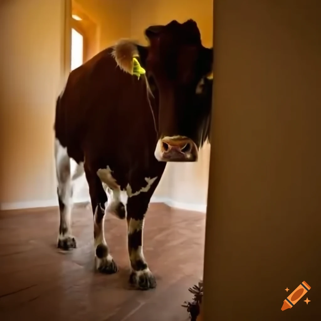 Cow walking up stairs in a house
