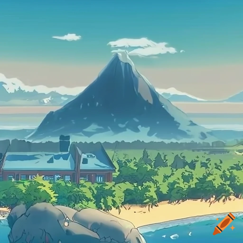 Scenic anime school island with snowy mountain, sandy beaches, and ...