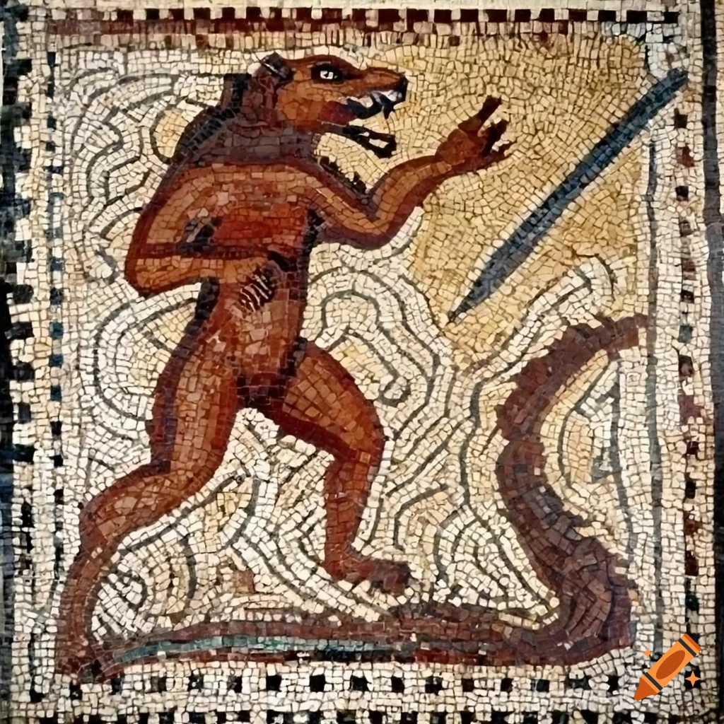 Roman mosaic of a werewolf with a sword on Craiyon
