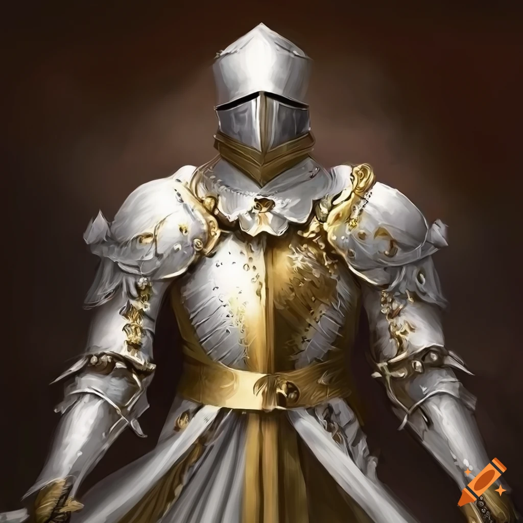 Knight in intricate white and gold armor with a satin cape on Craiyon