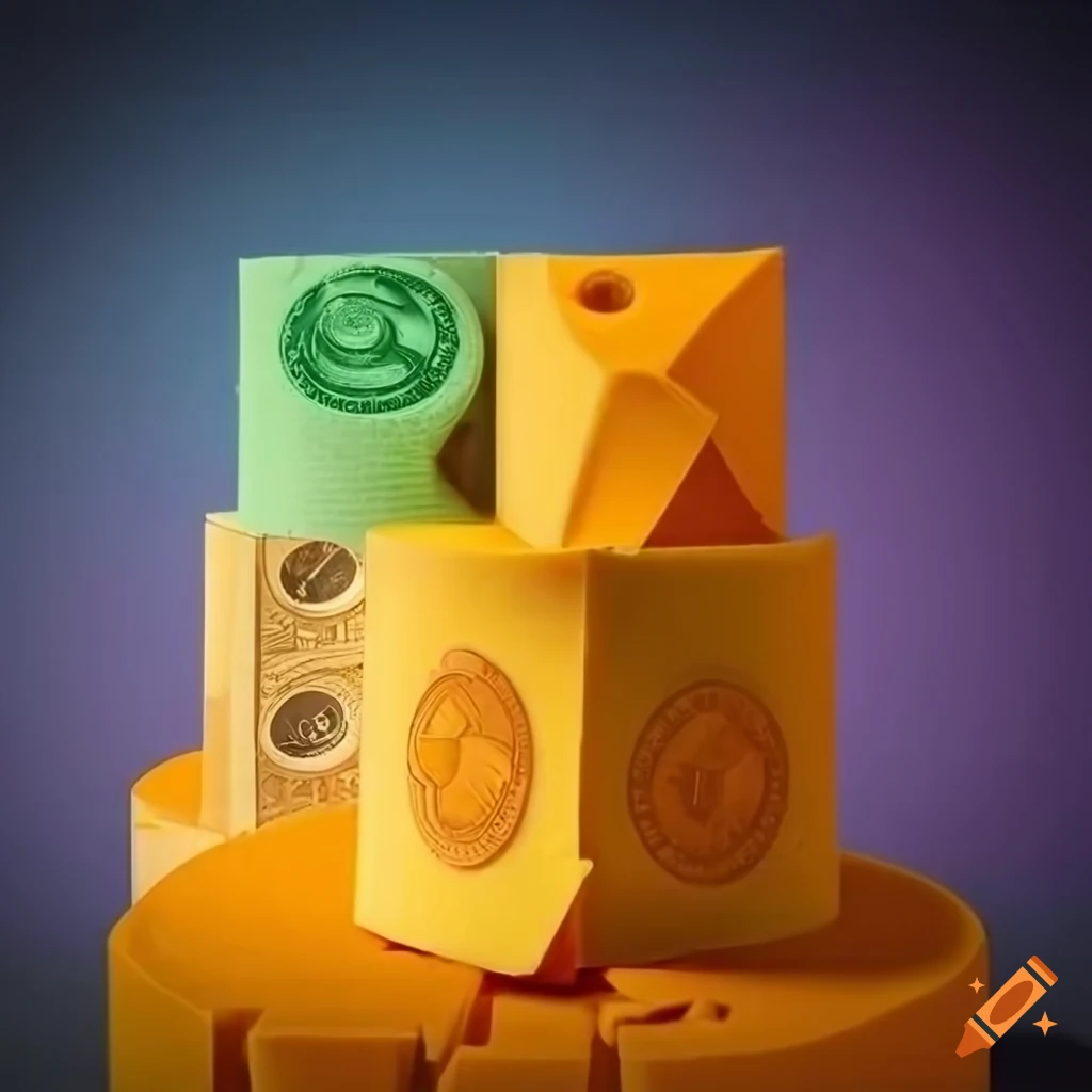 Colorful stacks of money and cryptocurrency forming a cheese castle on ...