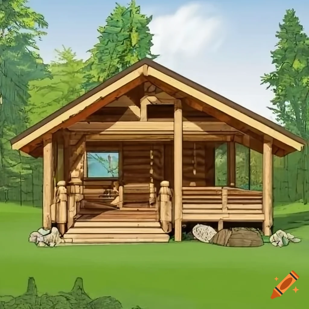 Log cabin with porch overhang and decorative timber framing