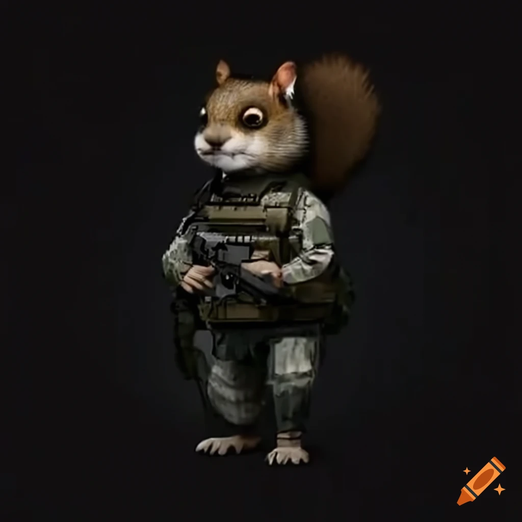 Pixelated military squirrel with night vision holding a rifle on Craiyon