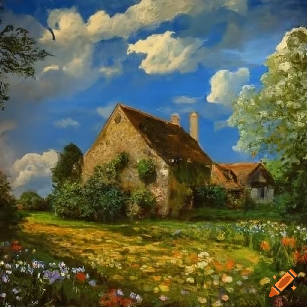 Medieval farmhouse surrounded by colorful blooming fields and flowers ...