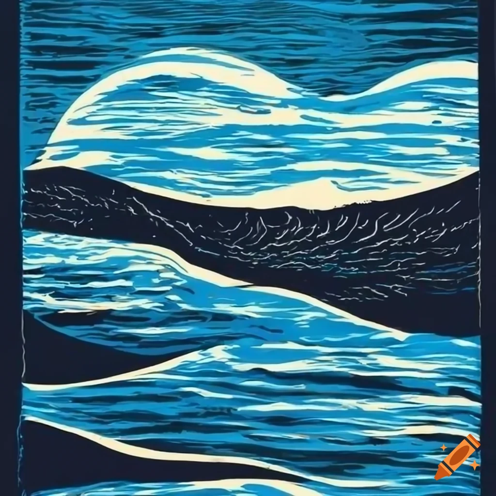 Woodcut print of waves lapping on the shore in black and blue on Craiyon