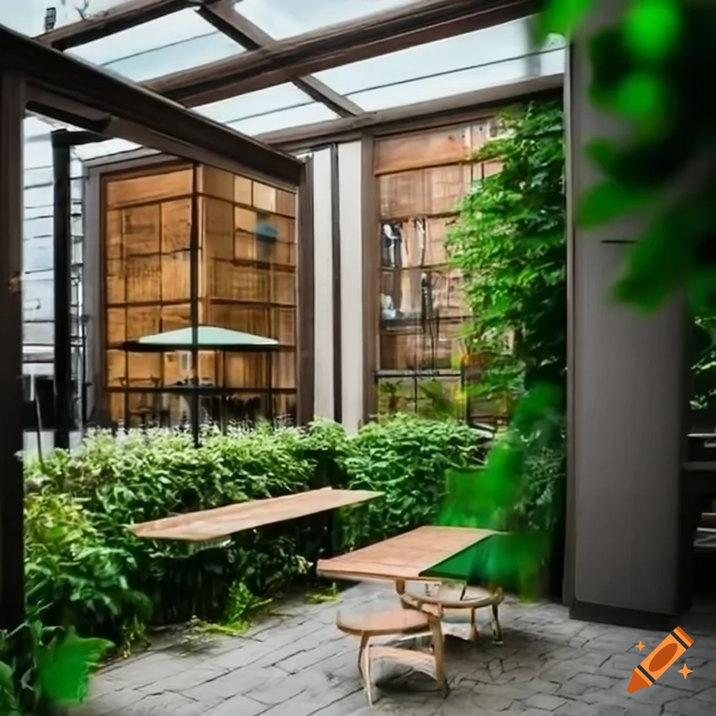 Modern coffee house exterior with greenery, ideal for students on Craiyon