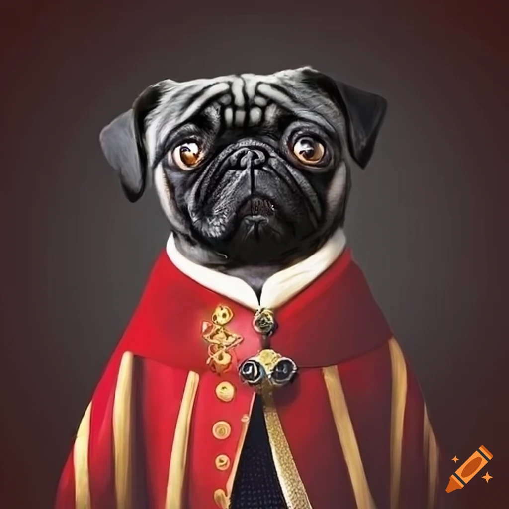 Unique artwork of a black pug with a human body wearing a king's robe ...