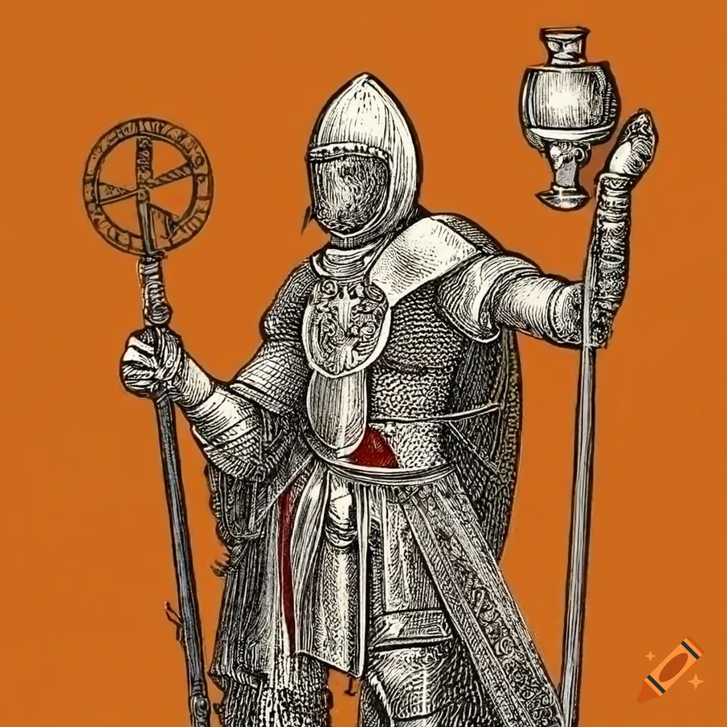 Monochrome engraving of a knight with staff and sword on a tarot card ...