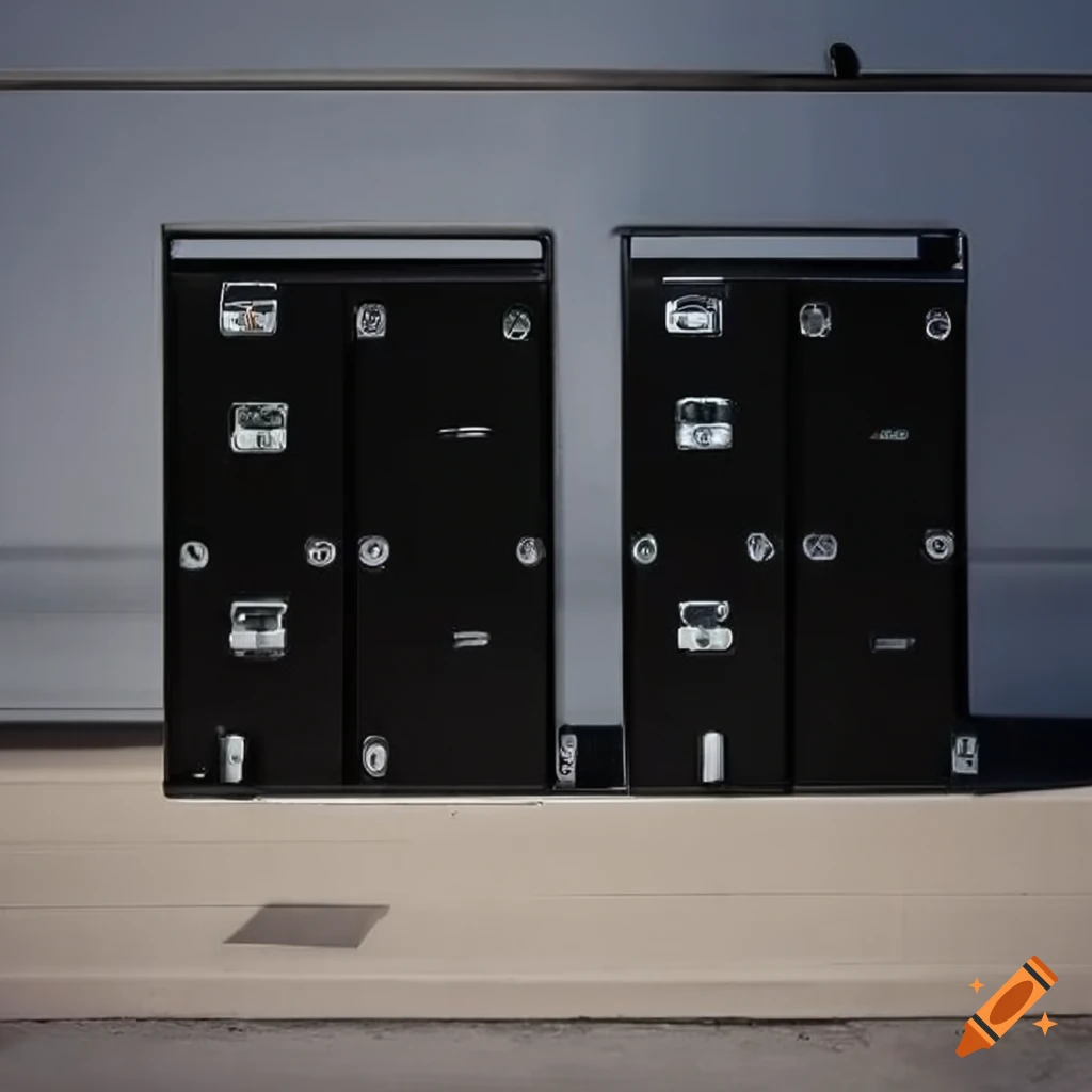 Extra large black rugged gear lockers with pinpad in front of a gas ...