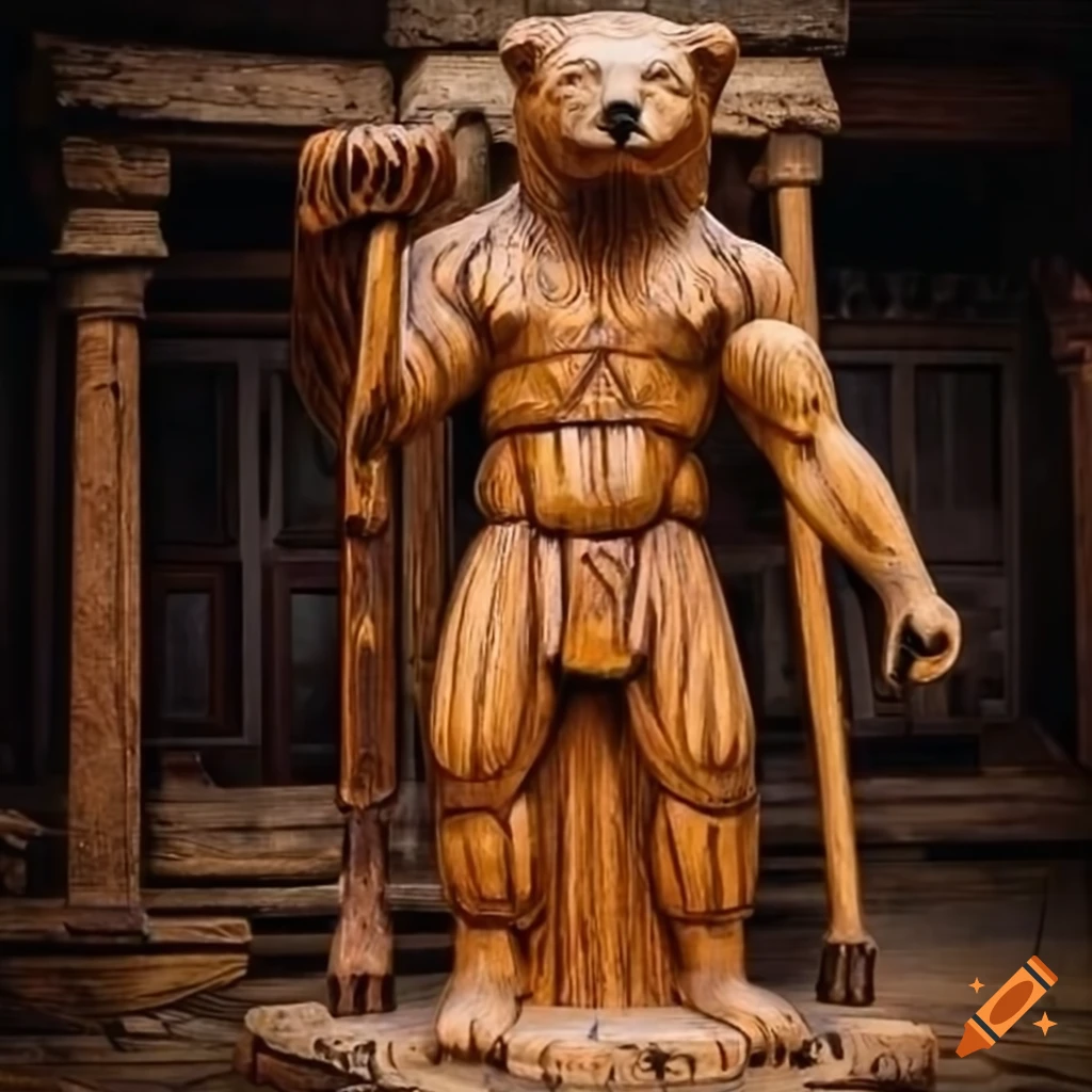 Wooden statue of a bear god with a massive hammer on Craiyon