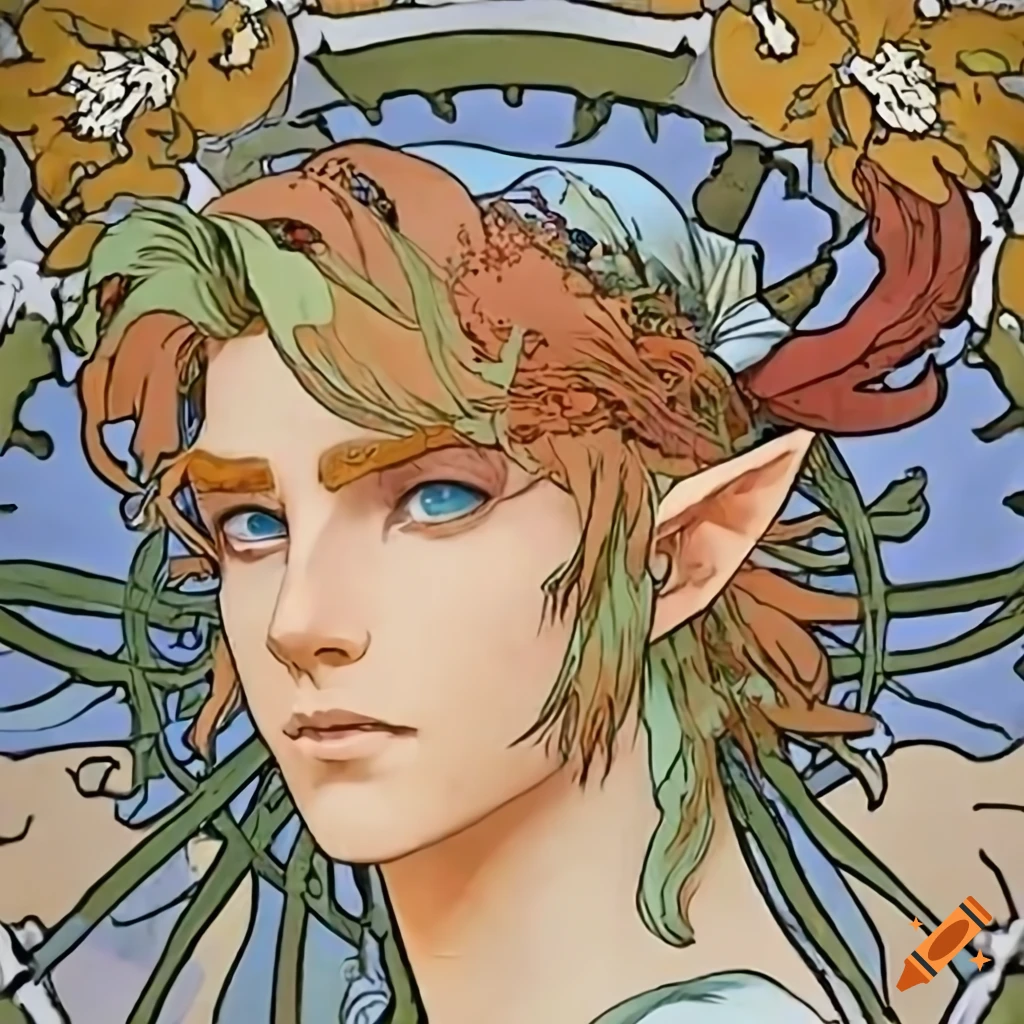 Male link from breath of the wild in alphonse mucha style