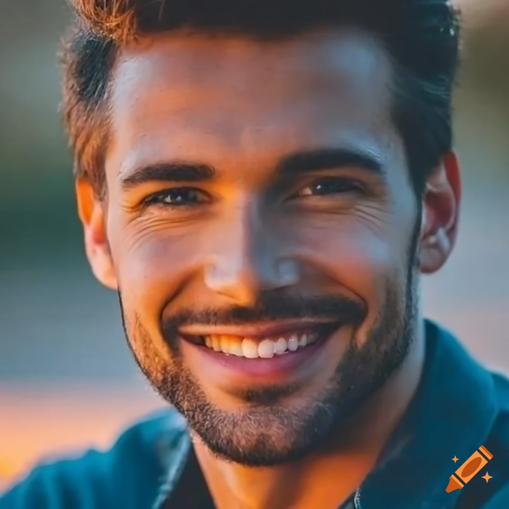 Close-up portrait of a smiling man with green eyes in sunset lighting ...