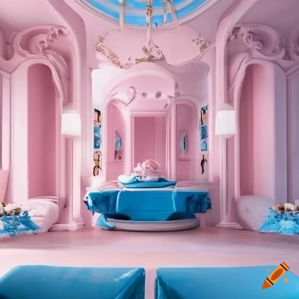 Luxurious pastel pink and blue mansion with high ceiling