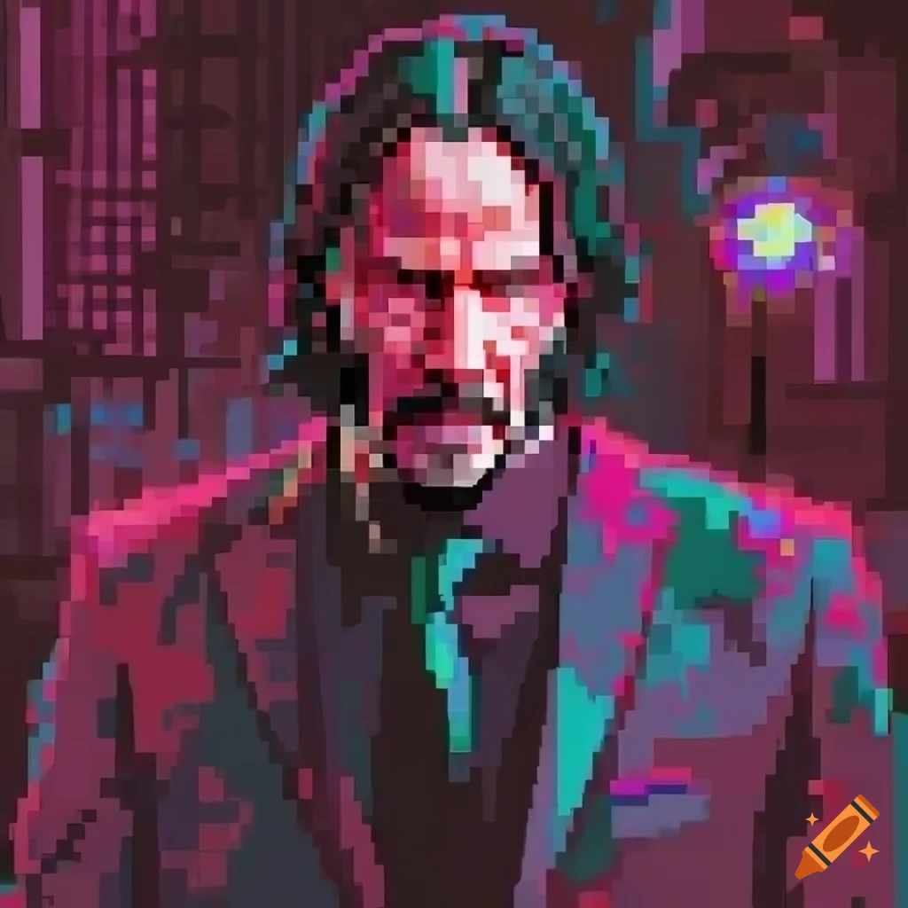 Pixelated digital 2d artwork of a character resembling john wick on Craiyon