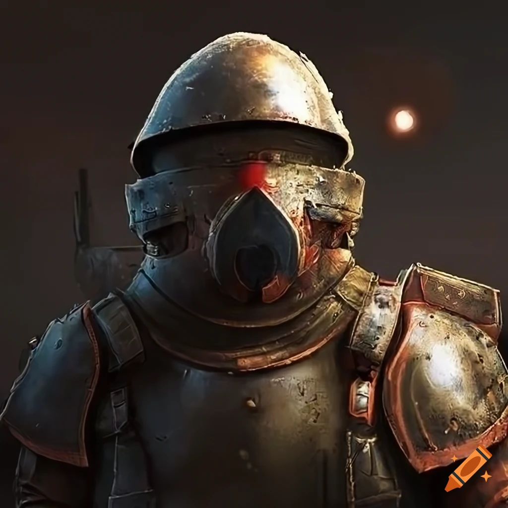 Dieselpunk soldier in heavy armor with burnt ruins in the background on ...