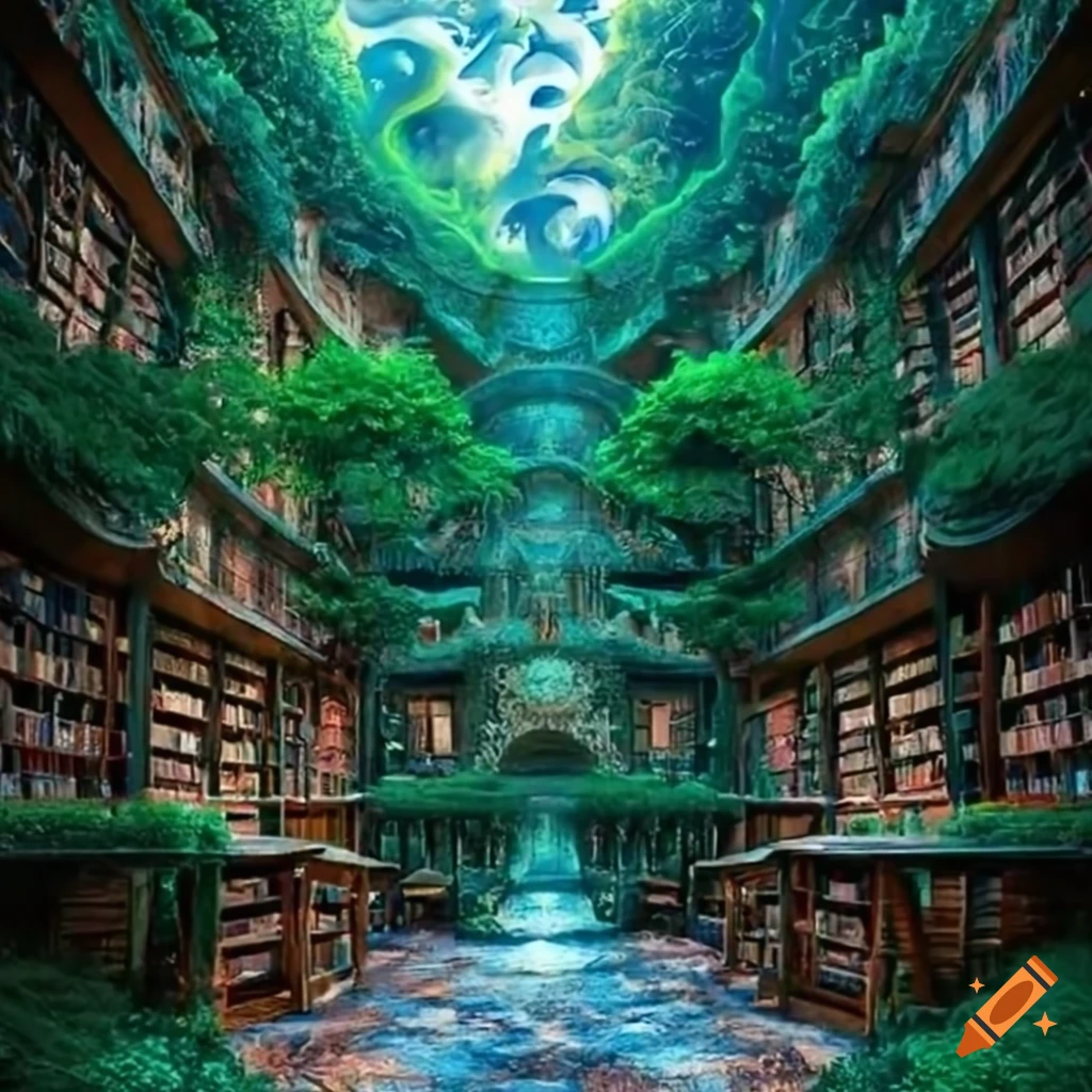 Gigantic ancient library building in a bright enchanted forest ...