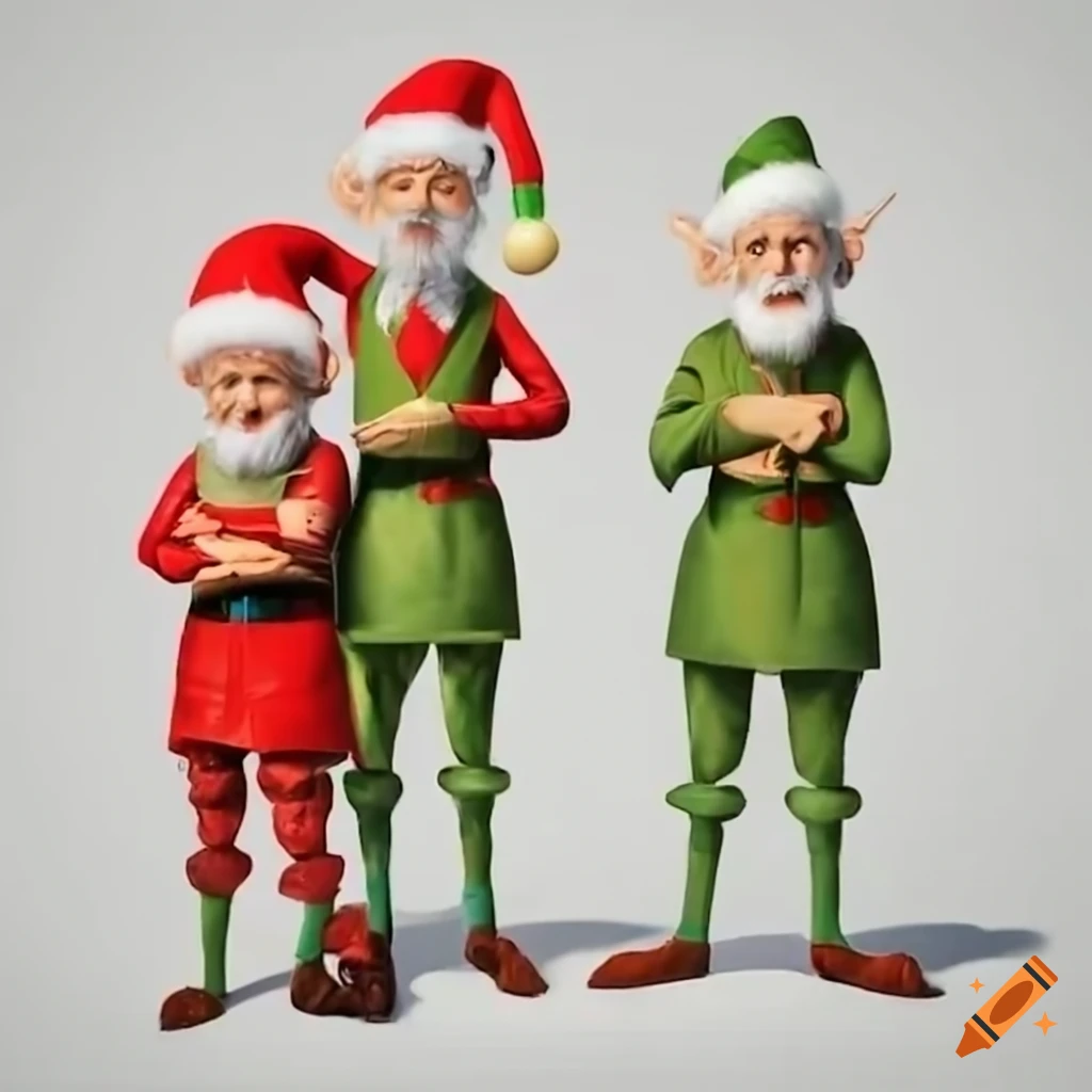 Three elderly male christmas elves standing together