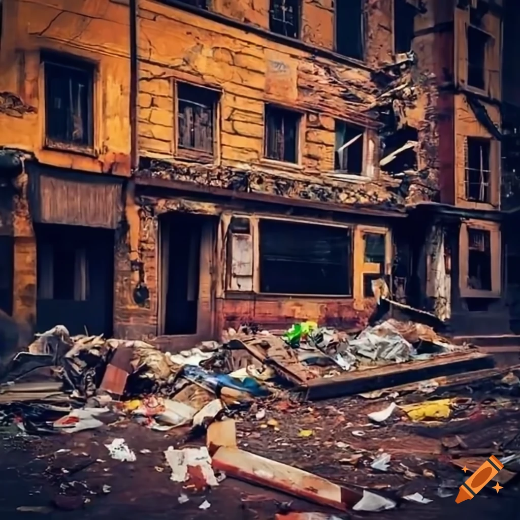 Street covered in garbage and debris with an old bar