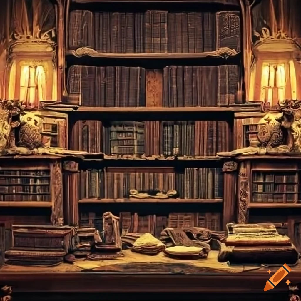 Dark, cluttered library with ancient books, scrolls, and magical ...