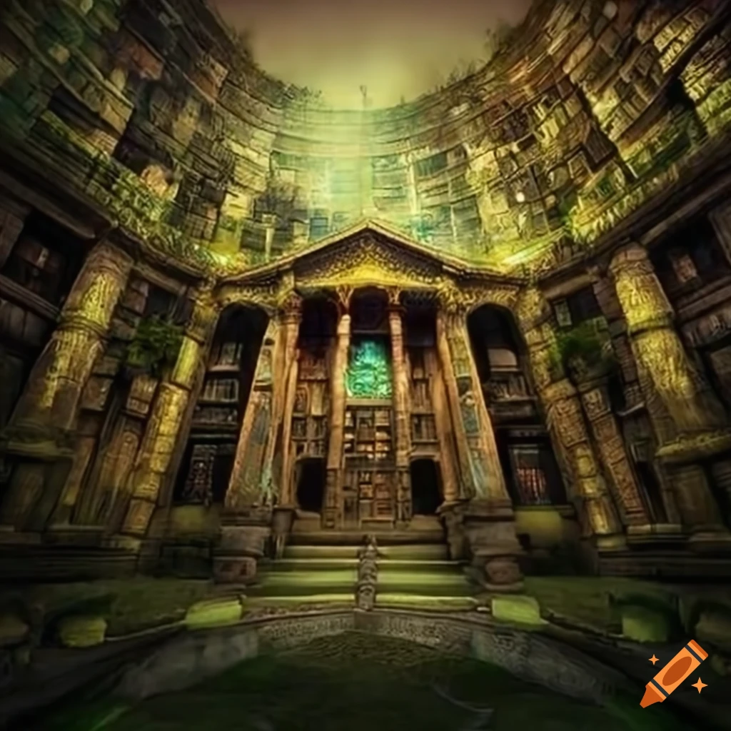 Gigantic ancient library in the middle of a bright enchanted forest ...
