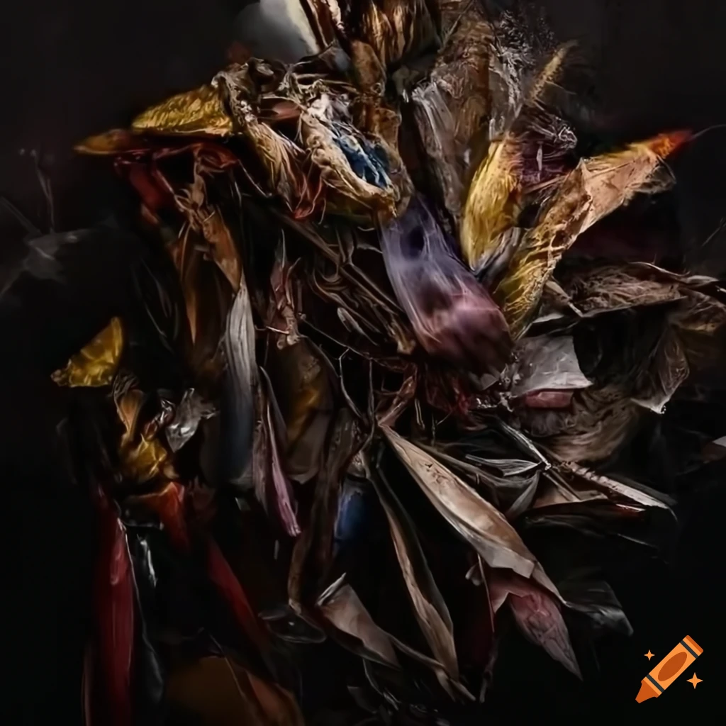 Detail of distorted birds caught in chaotic junk garbage web in a ...