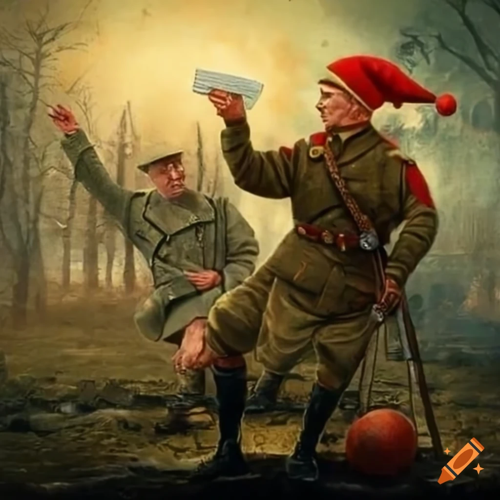 Christmas truce in ww1 postcard with soldiers playing football on Craiyon