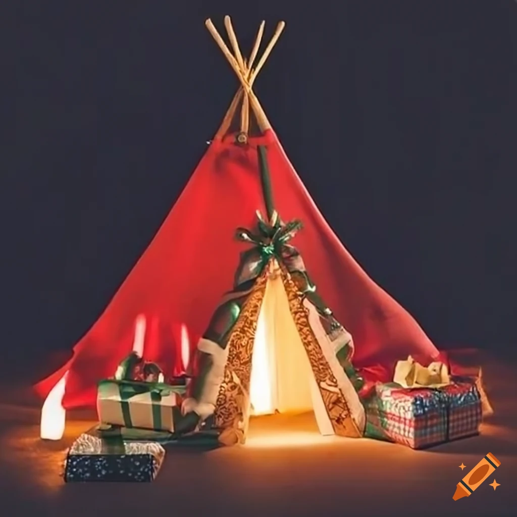 Santa placing christmas presents under a tree in a teepee