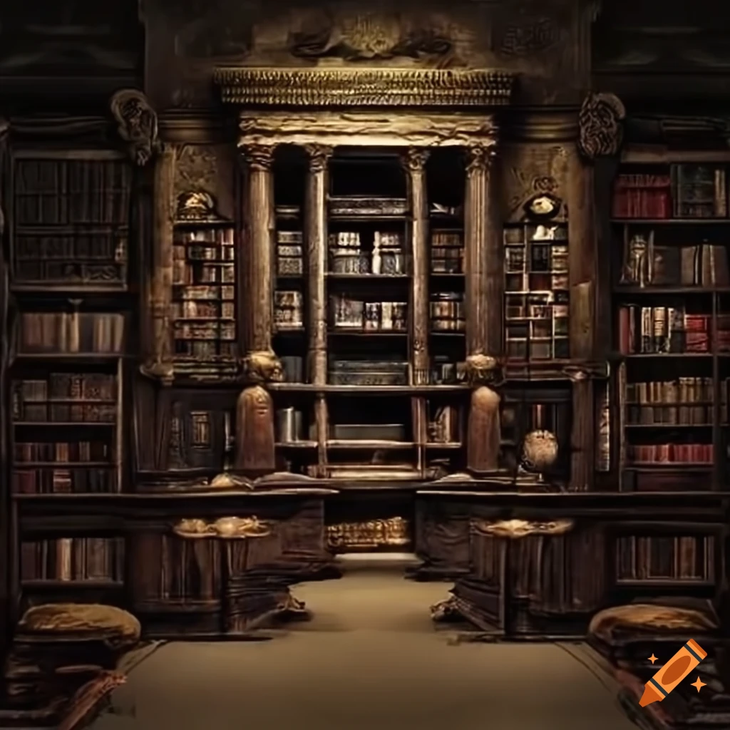 Dark cluttered library with ancient books and magical artifacts on Craiyon